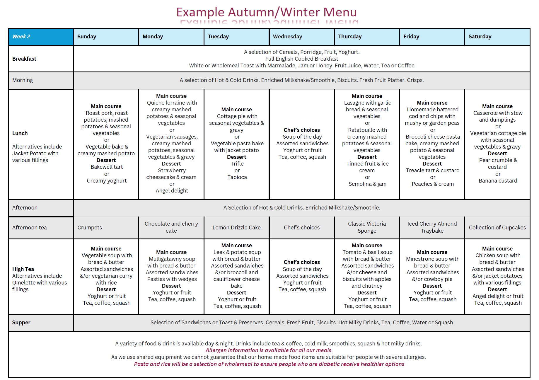 Our Menus | Gibraltar Nursing Home